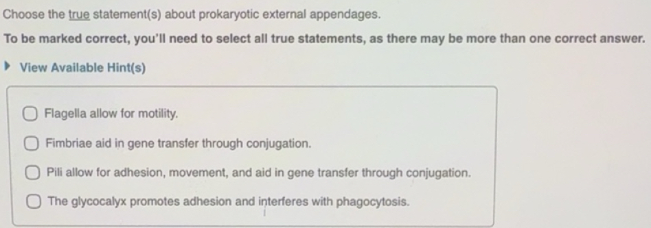 Solved: Choose the true statement(s) about prokaryotic external ...