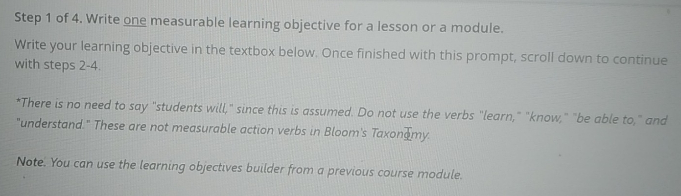 Solved: of 4. Write one measurable learning objective for a lesson or a module. Write your ...