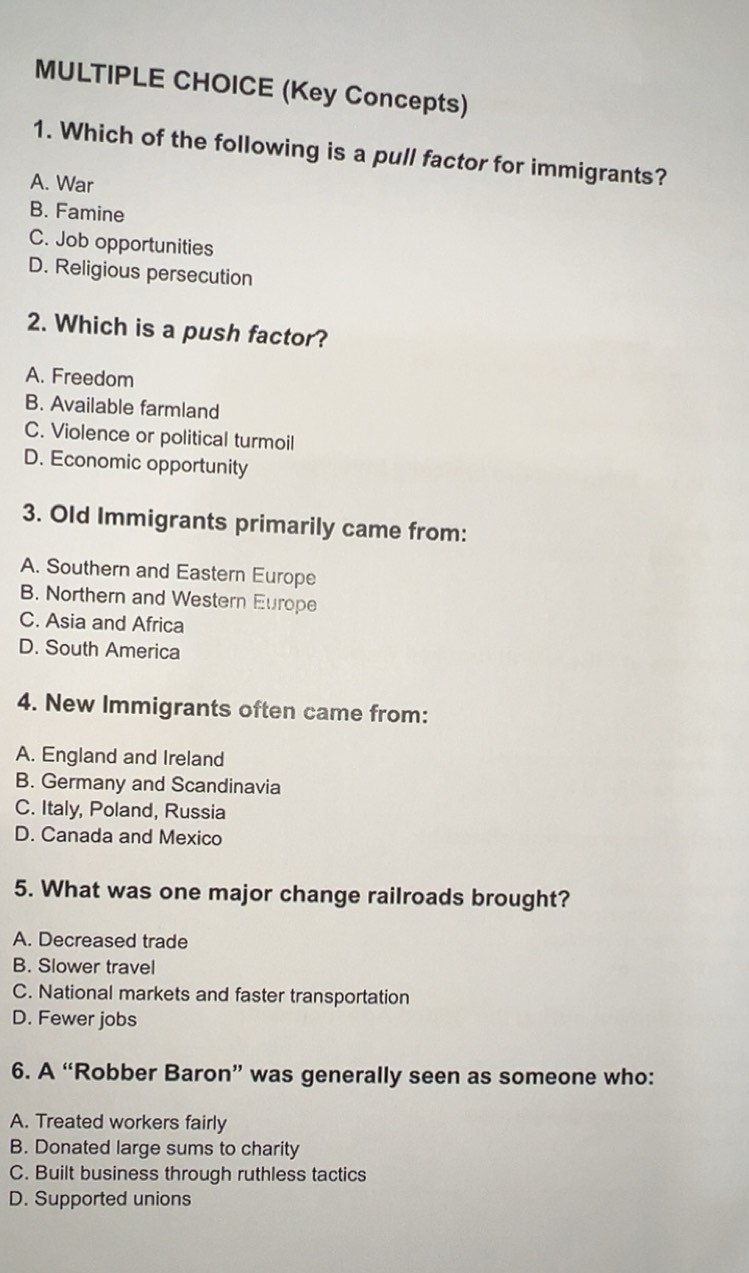 Solved: (Key Concepts) 1. Which of the following is a pull factor for ...