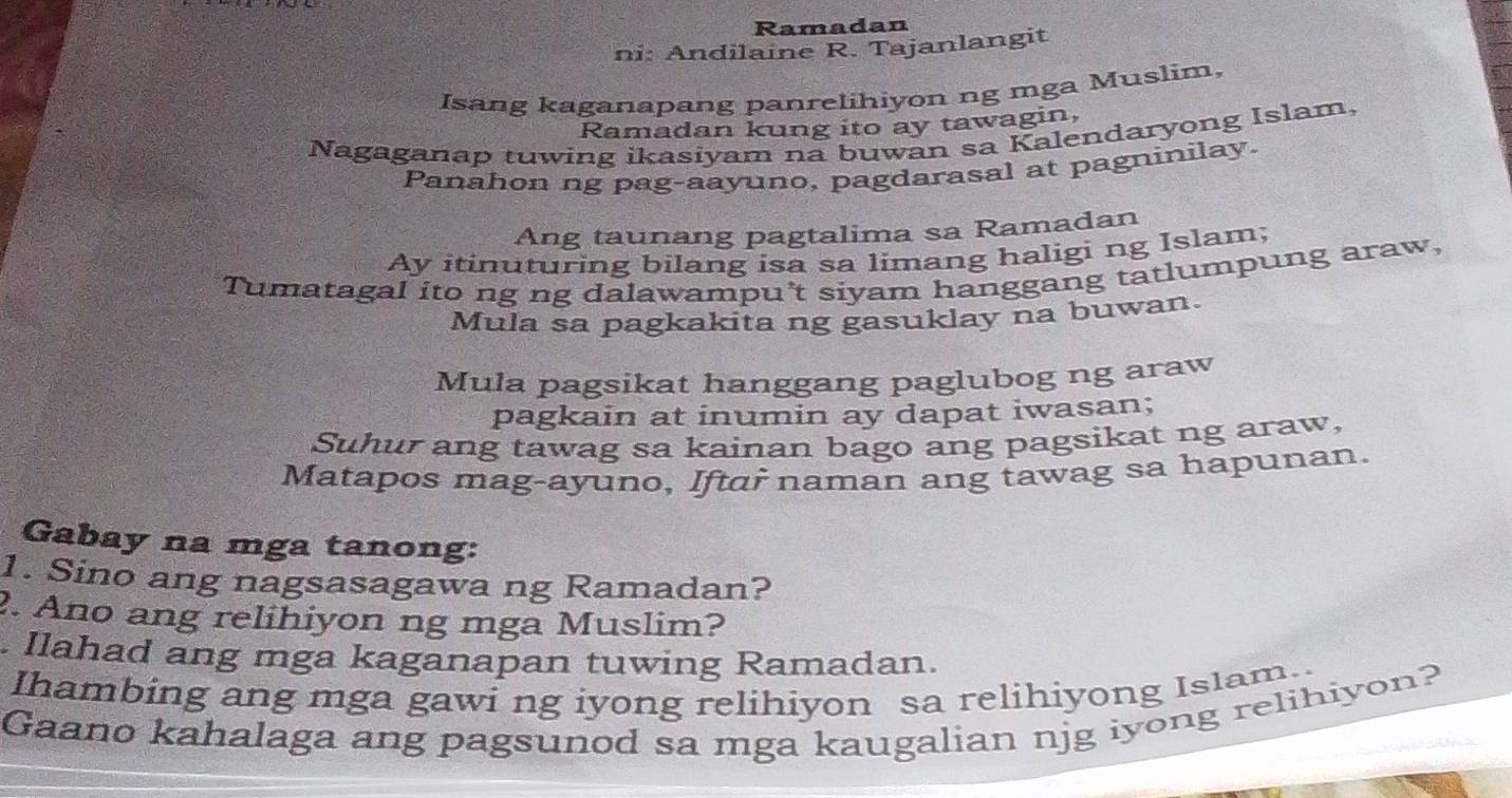 Solved: Ramadan ni: Andilaine R. Tajanlangit Isang kaganapang ...
