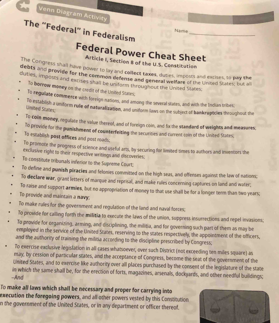 Solved: Venn Diagram Activity The “Federal” in Federalism_ Name Federal ...
