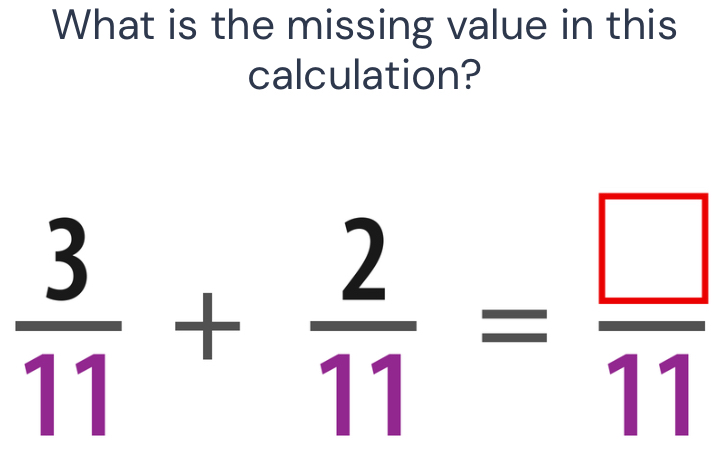 Solved: What is the missing value in this calculation? 3/11 + 2/11 = /11 [Math]