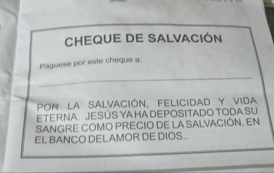 Resuelto:CHEQUE DE SALVACIÓN Páguese por este cheque a: PoR la ...