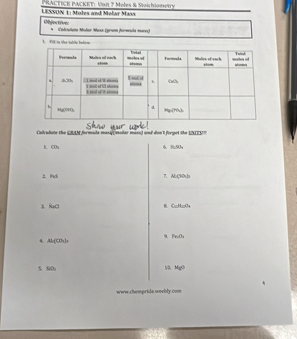 Solved: PRACTICE PACKET: Unit 7 Moles & Stoichiometry LESSON 1: Moles ...