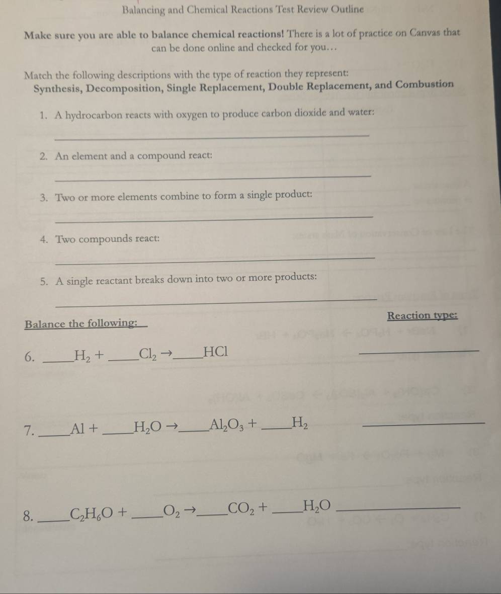 Solved: Balancing and Chemical Reactions Test Review Outline Make sure ...
