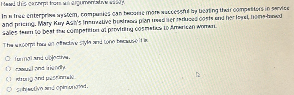 Solved: Read this excerpt from an argumentative essay. In a free ...