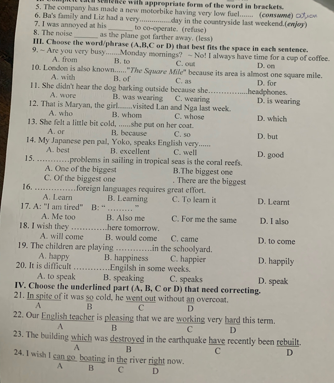 Giải quyết:picit each sentence with appropriate form of the word in ...