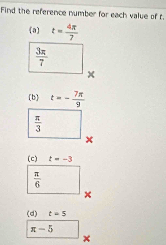 Solved: Find the reference number for each value of t. (a) t= 4π /7 3π ...
