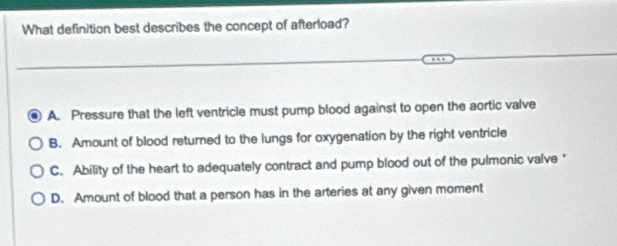 Solved: What definition best describes the concept of afterload? A ...