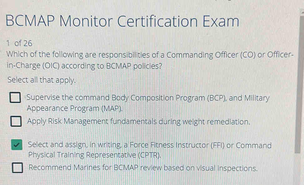 Solved: BCMAP Monitor Certification Exam 1 of 26 Which of the following ...