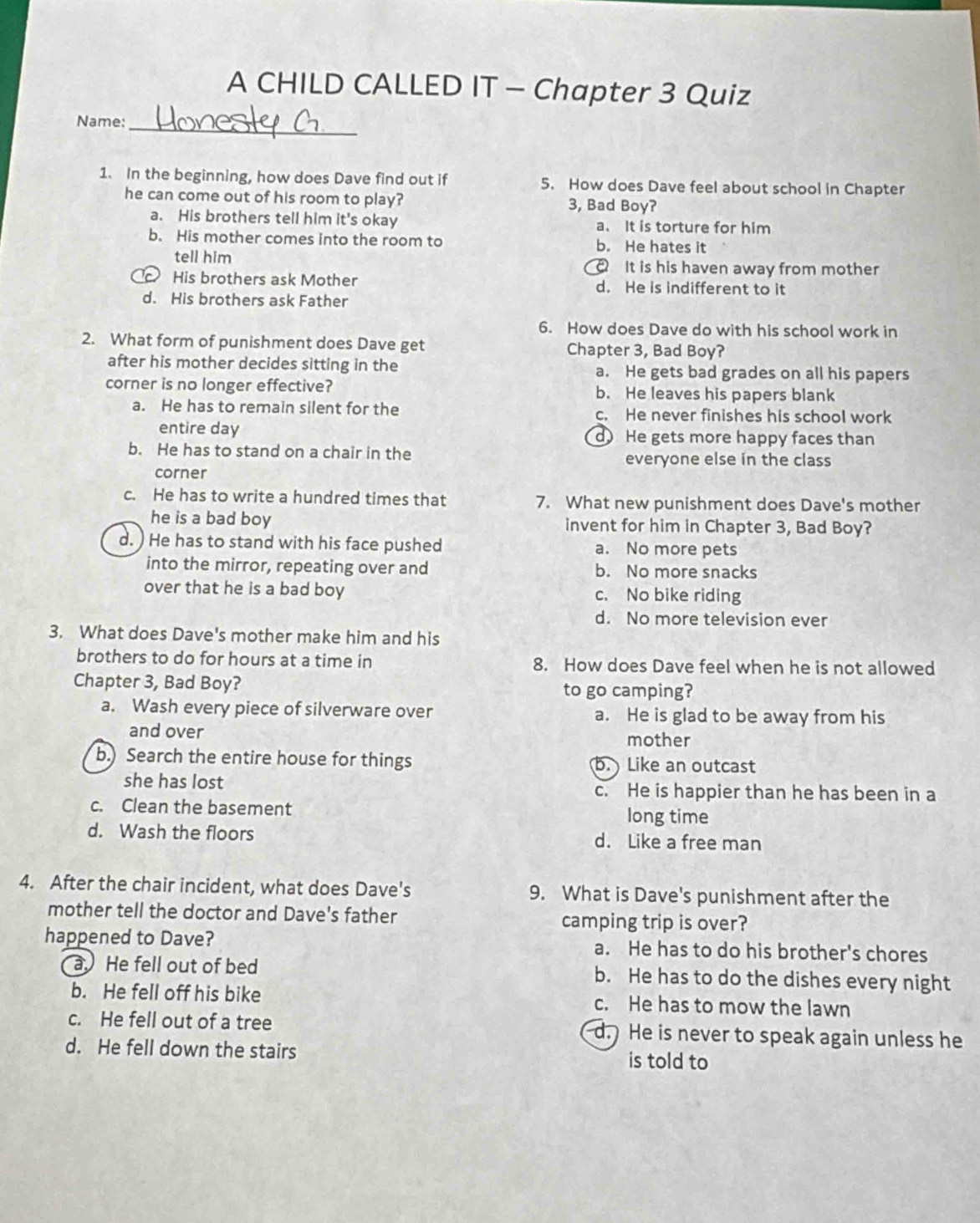 Solved: A CHILD CALLED IT - Chapter 3 Quiz Name:_ 1. In the beginning ...