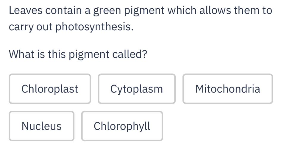 Solved: Leaves contain a green pigment which allows them to carry out ...