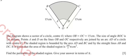 Solved: The diagram shows a sector of a circle, centre O, where OB=OC=15cm. The size of angle ...