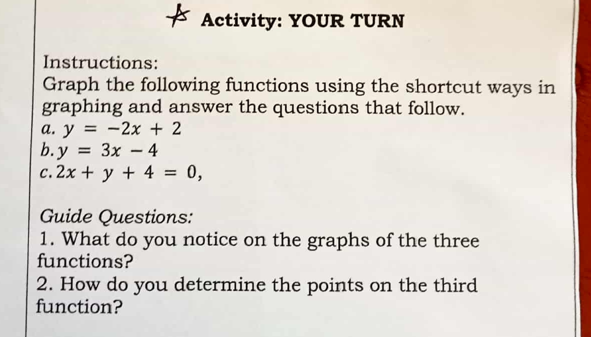 Solved: Activity: YOUR TURN Instructions: Graph the following functions ...