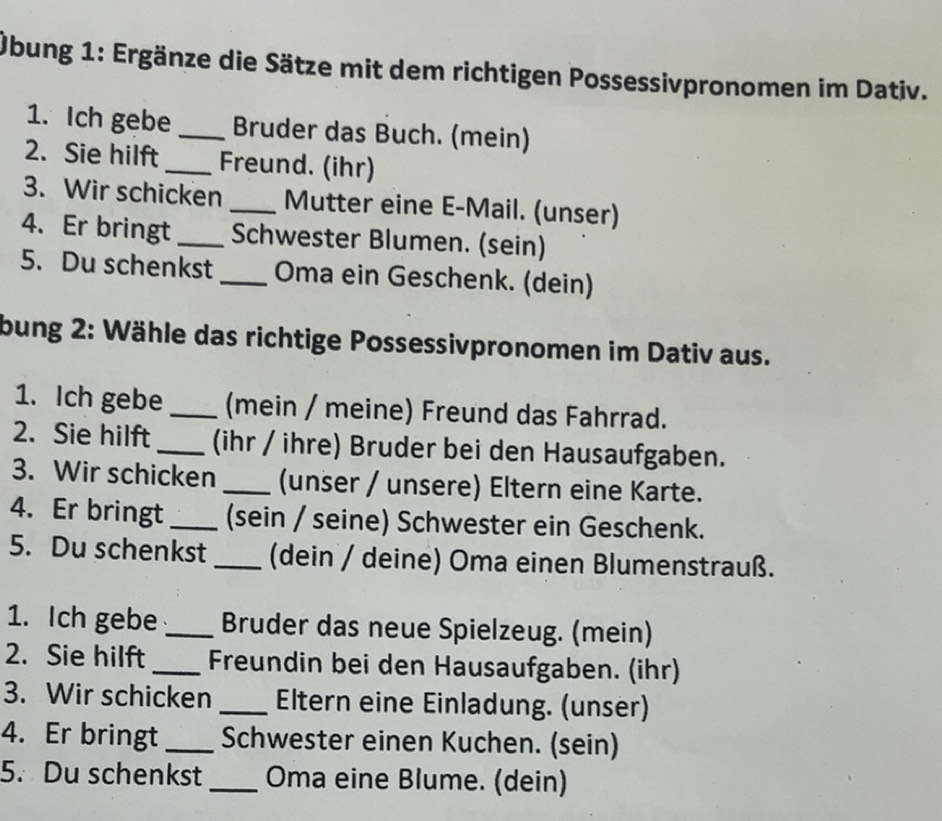 Gelöst:Übung 1: Ergänze die Sätze mit dem richtigen Possessivpronomen ...