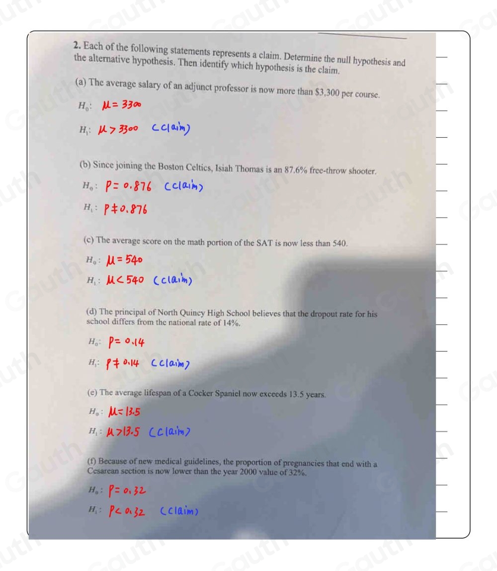 Solved: Each of the following statements represents a claim. Determine ...