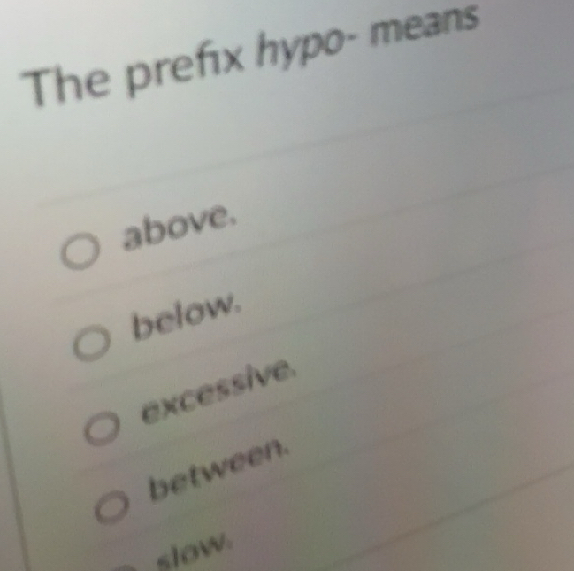 Solved: The prefix hypo- means above. below. excessive between. slow ...