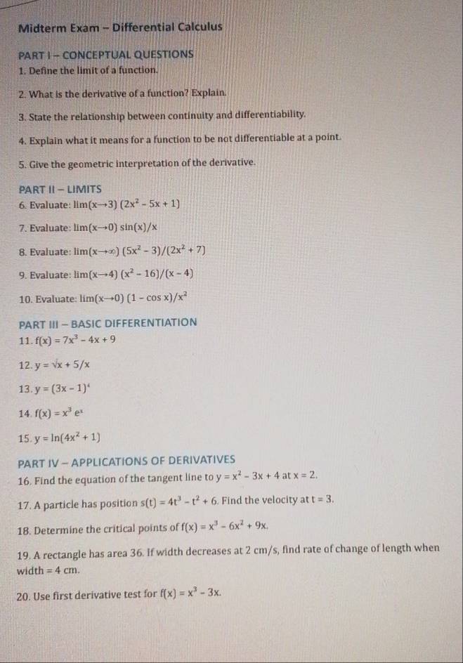 Solved: Midterm Exam - Differential Calculus PART I - CONCEPTUAL ...
