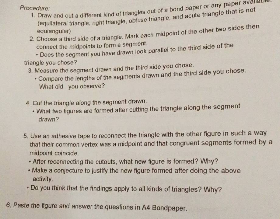 Solved: Procedure: 1. Draw and cut a different kind of triangles out of ...