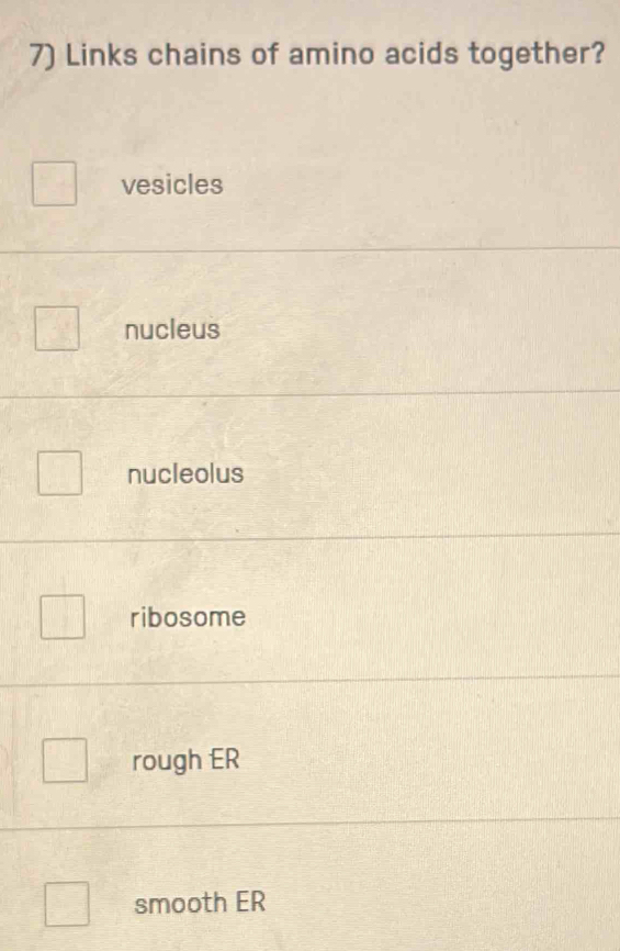 Résolu :Links chains of amino acids together? vesicles nucleus ...