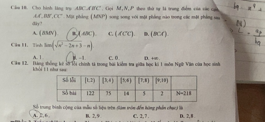 Giải quyết:Cho hình lăng trụ ABC.A'B'C' Gọi M,N,P theo thứ tự là trung ...