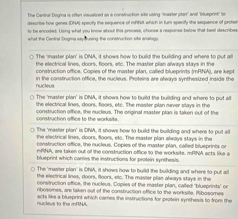 Solved: The Central Dogma is often visualized as a construction site ...