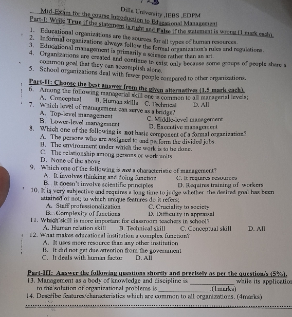 Solved: Dilla University ,IEBS ,EDPM Mid-Exam for the course ...