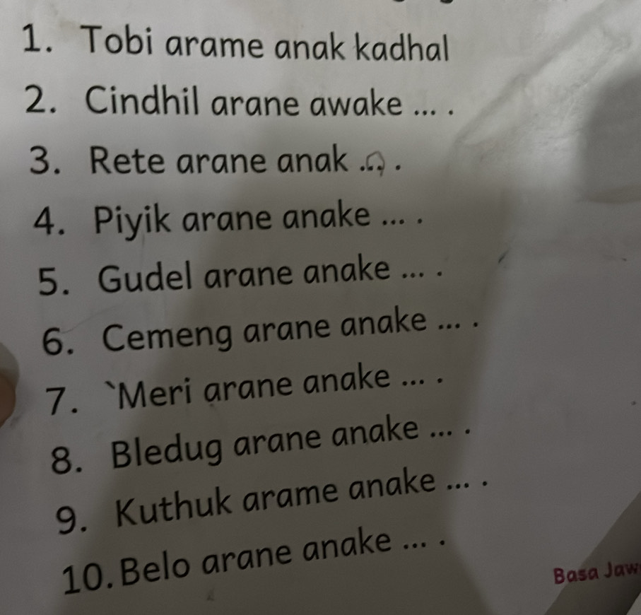 Telah dijawab:Tobi arame anak kadhal 2. Cindhil arane awake ... . 3 ...