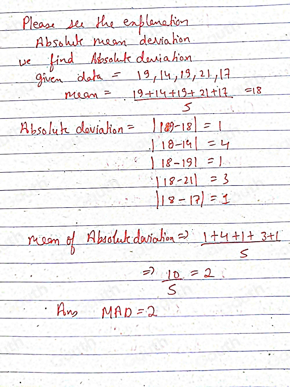 Solved: Find the mean absolute deviation (MAD), by averaging the ...
