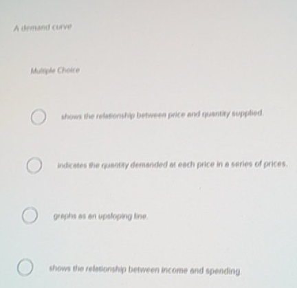Solved: A demand curve Multiple Choice shows the relationship between ...