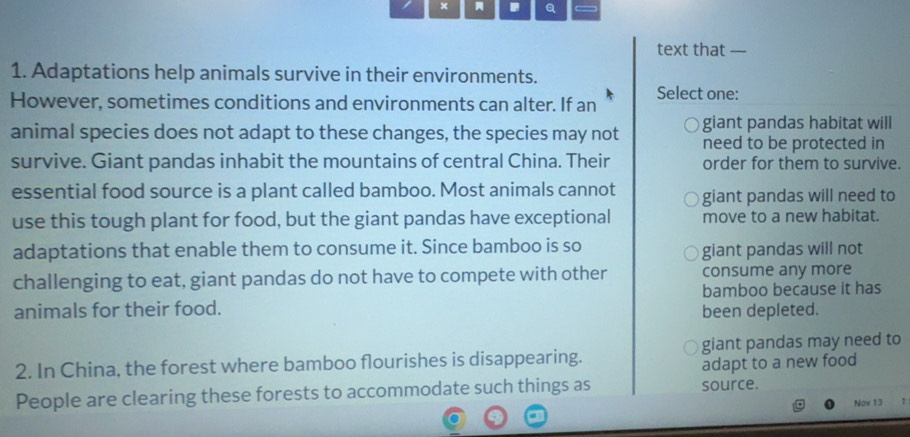 Solved: × Q text that — 1. Adaptations help animals survive in their ...