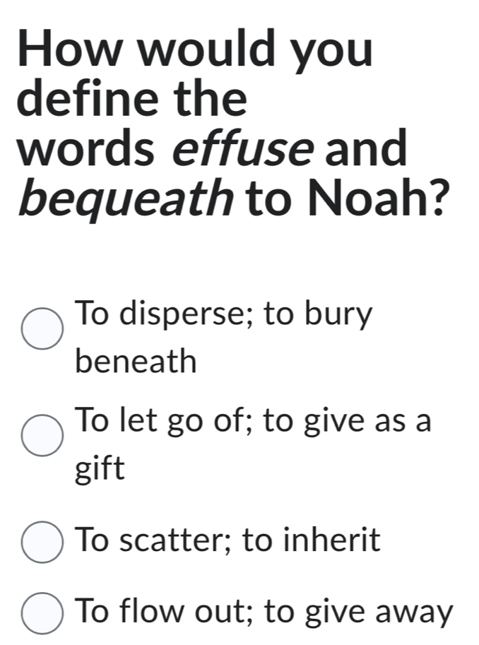 Solved: How would you define the words effuse and bequeath to Noah? To ...