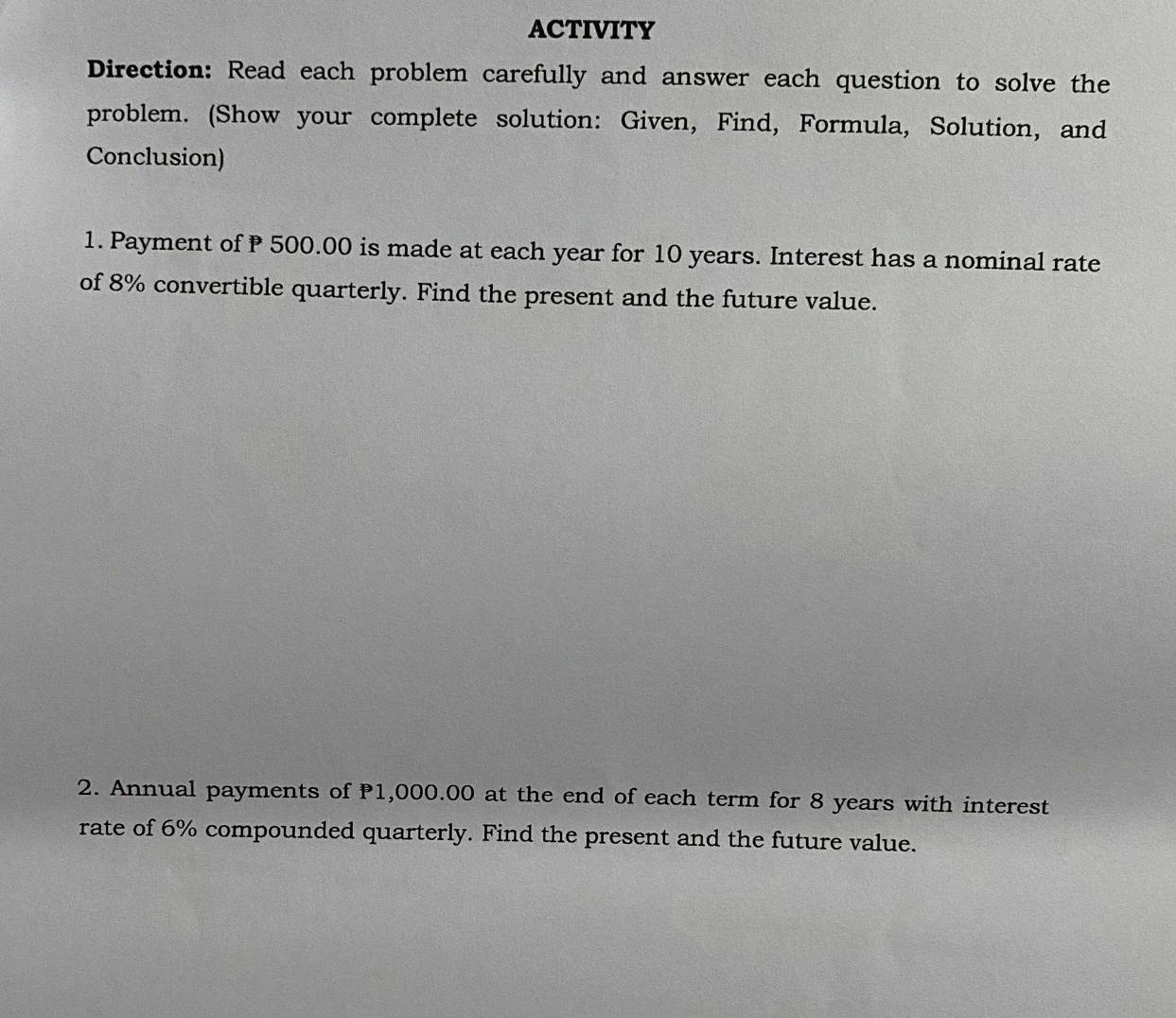 Solved: ACTIVITY Direction: Read each problem carefully and answer each ...