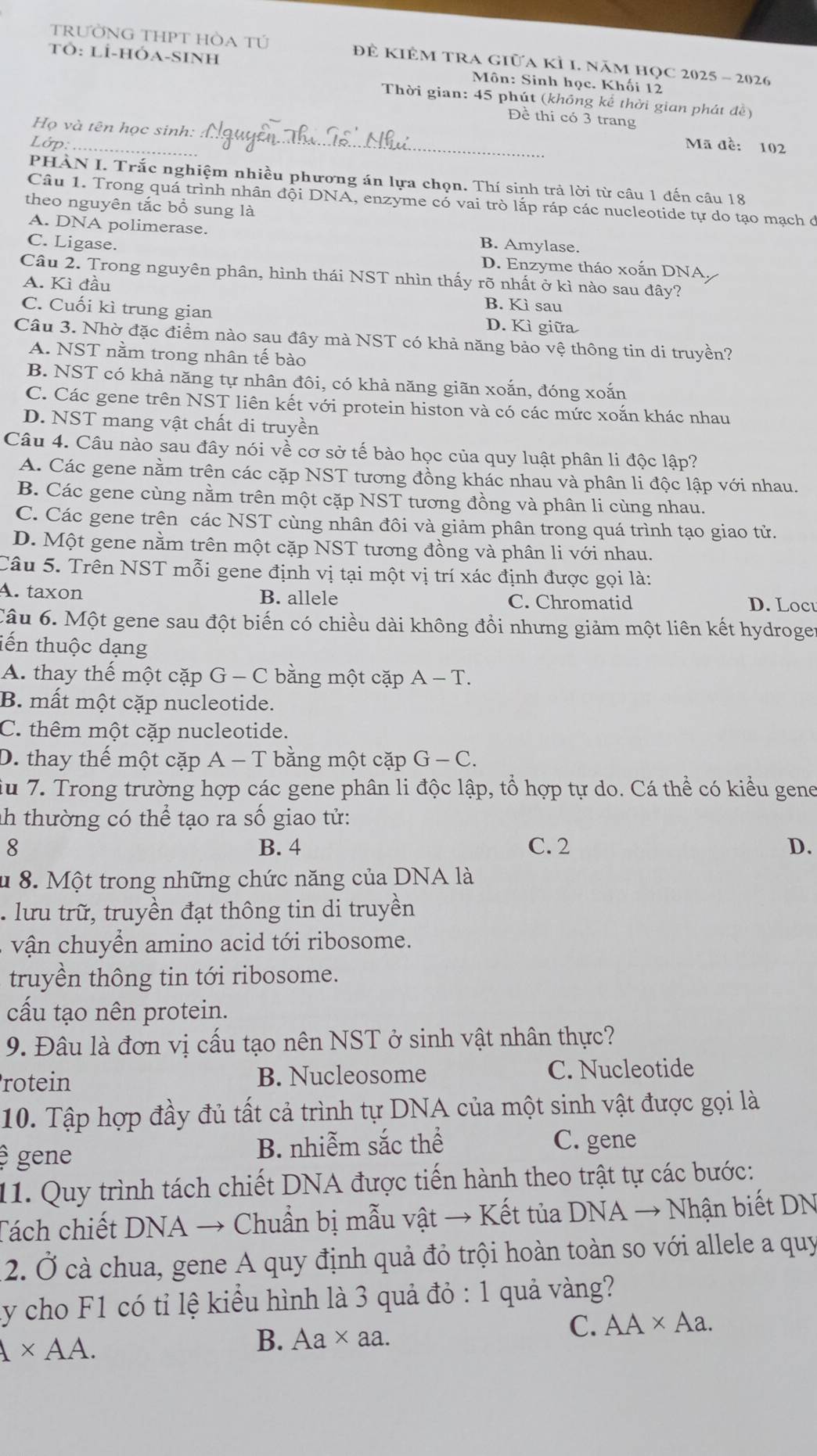 Giải quyết:trườNG THPT HòA tÚ Đẻ KIÊM TRA Giữa kÌ 1. năm học 2025 ...