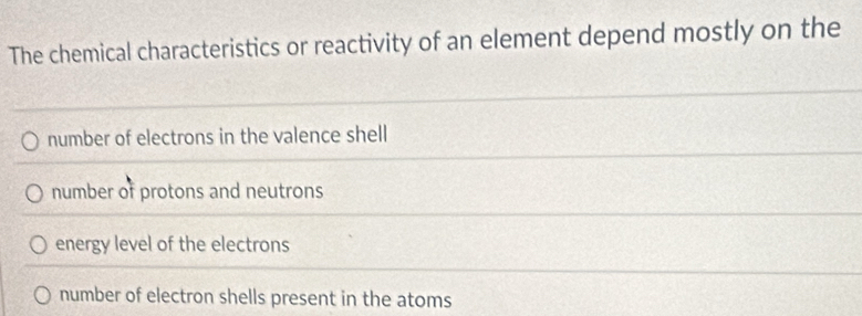 Solved: The chemical characteristics or reactivity of an element depend ...
