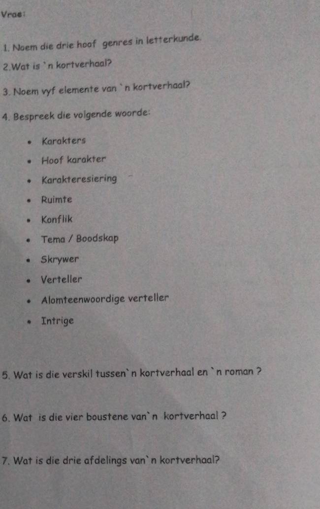 Solved: Vrae: 1. Noem die drie hoof genres in letterkunde. 2.Wat is n ...