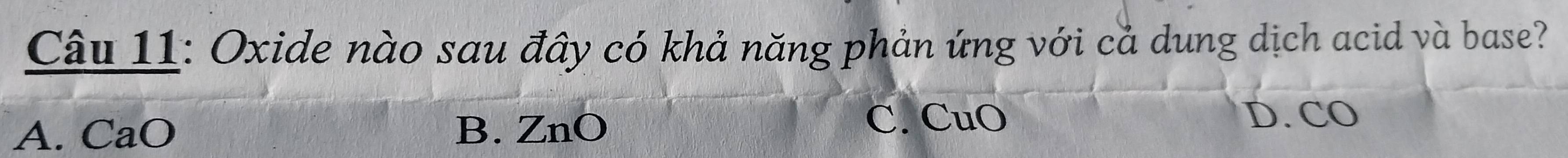 Giải quyết:Oxide nào sau đây có khả năng phản ứng với cả dung dịch acid ...