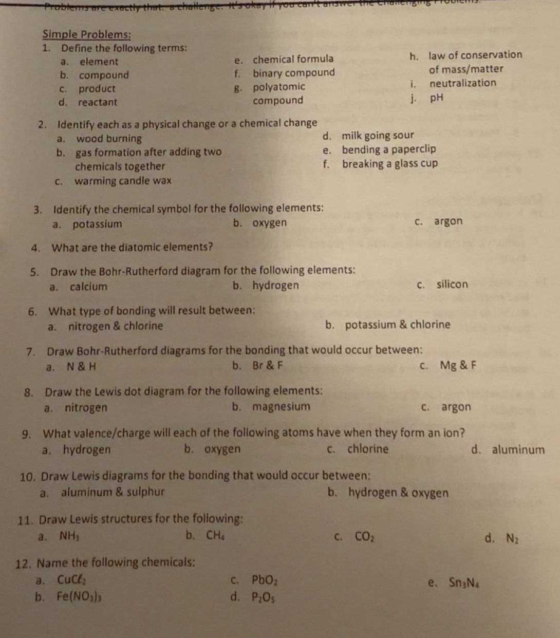 Solved: Simple Problems: 1. Define the following terms: a. element e ...