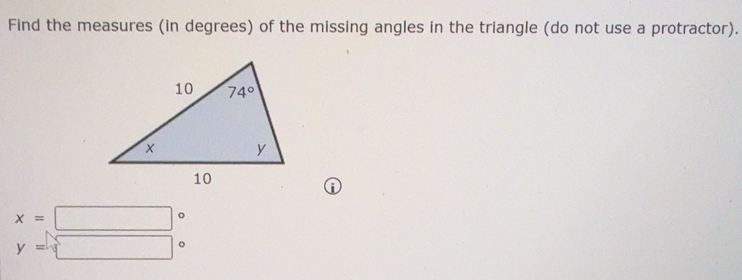 Solved: Find the measures (in degrees) of the missing angles in the ...