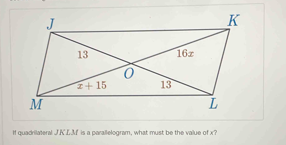 Solved: If quadrilateral JKLM is a parallelogram, what must be the ...