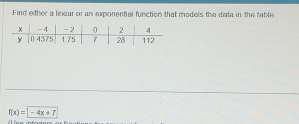 Solved: Find either a linear or an exponential function that models the ...