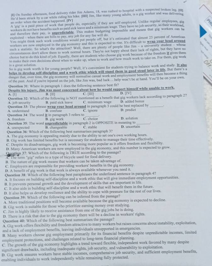 Giải quyết:[I] On Sunday afternoon, food delivery rider Jim Adams, 18 ...