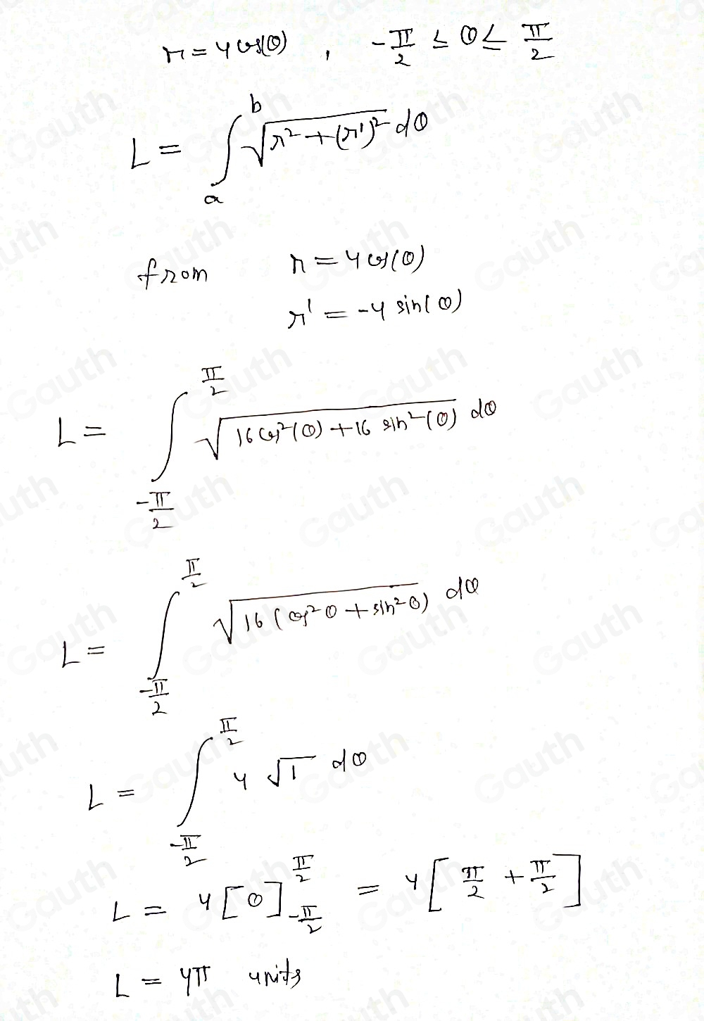 Solved: Find the length of the curve over the given interval r=4cos (θ ...