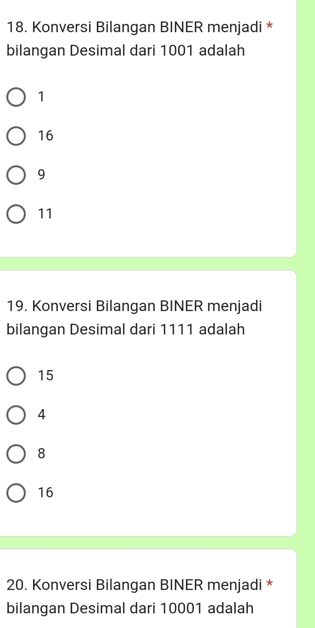 Telah dijawab:Konversi Bilangan BINER menjadi * bilangan Desimal dari ...