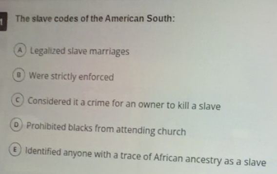 Solved: The slave codes of the American South: A Legalized slave ...