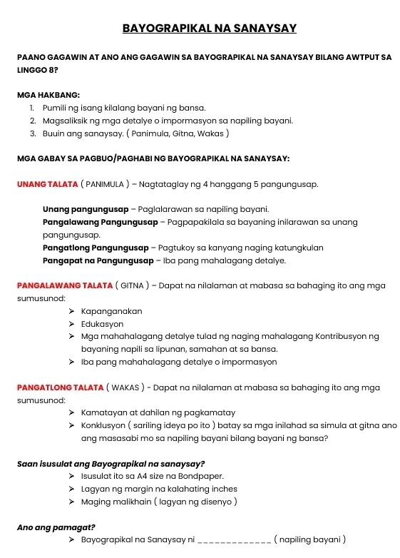 Solved: BAYOGRAPIKAL NA SANAYSAY PAANO GAGAWIN AT ANO ANG GAGAWIN SA ...