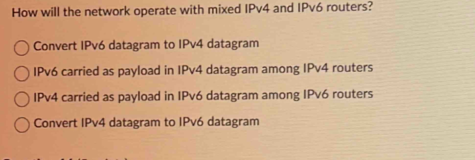 Solved: How will the network operate with mixed IPv4 and IPv6 routers? Convert IPv6 datagram to ...