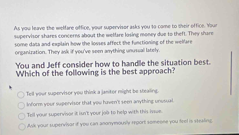 Solved: As you leave the welfare office, your supervisor asks you to ...