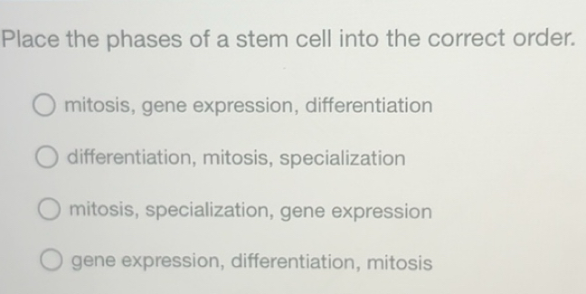 Solved: Place the phases of a stem cell into the correct order. mitosis ...