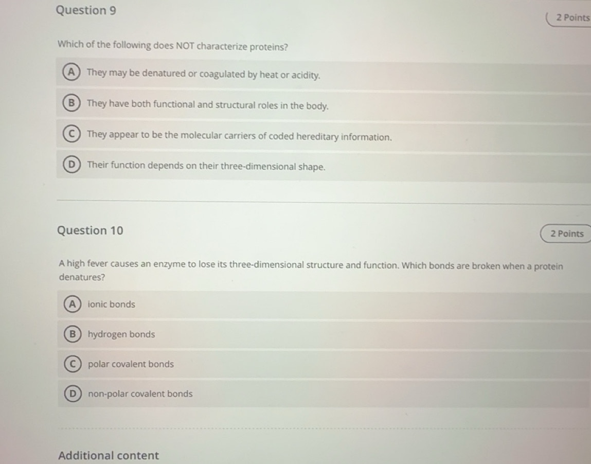 Solved: Which of the following does NOT characterize proteins? A They may be denatured or ...